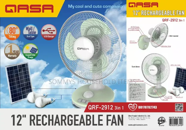 12" Qasa Rechargeable Solar Fan With Solar Panel and 2 Bulbs Price in ...